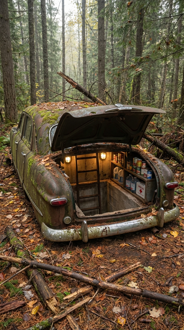 Hidden Bunker Entrance Disguised Inside an Abandoned Forest Car – Dream ...